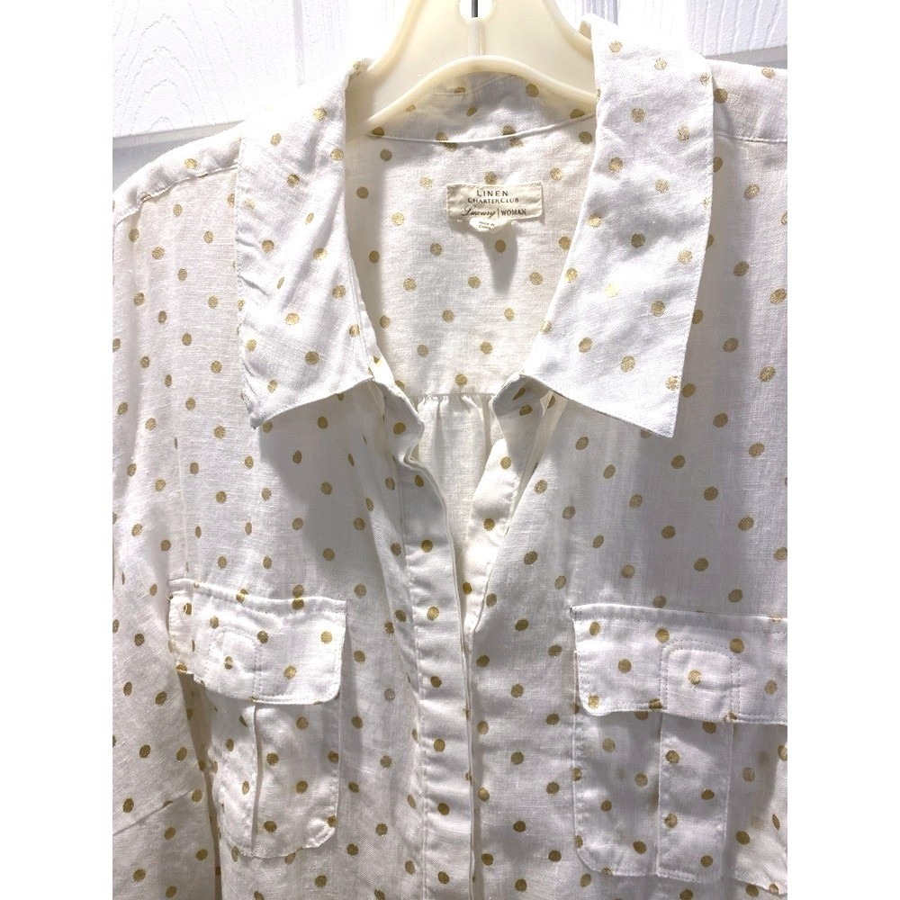 Charter Club | Tops | 0 Linen White Gold Metallic Polka Dot Roll Tab ...